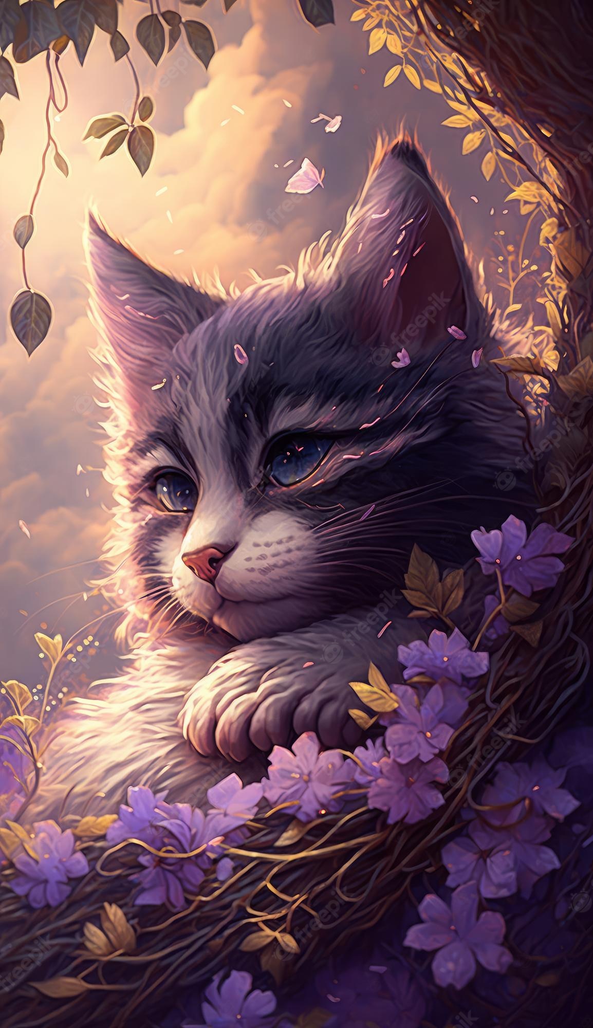 Cat With Light Violet Flowers Wallpapers - Wallpaper Cave