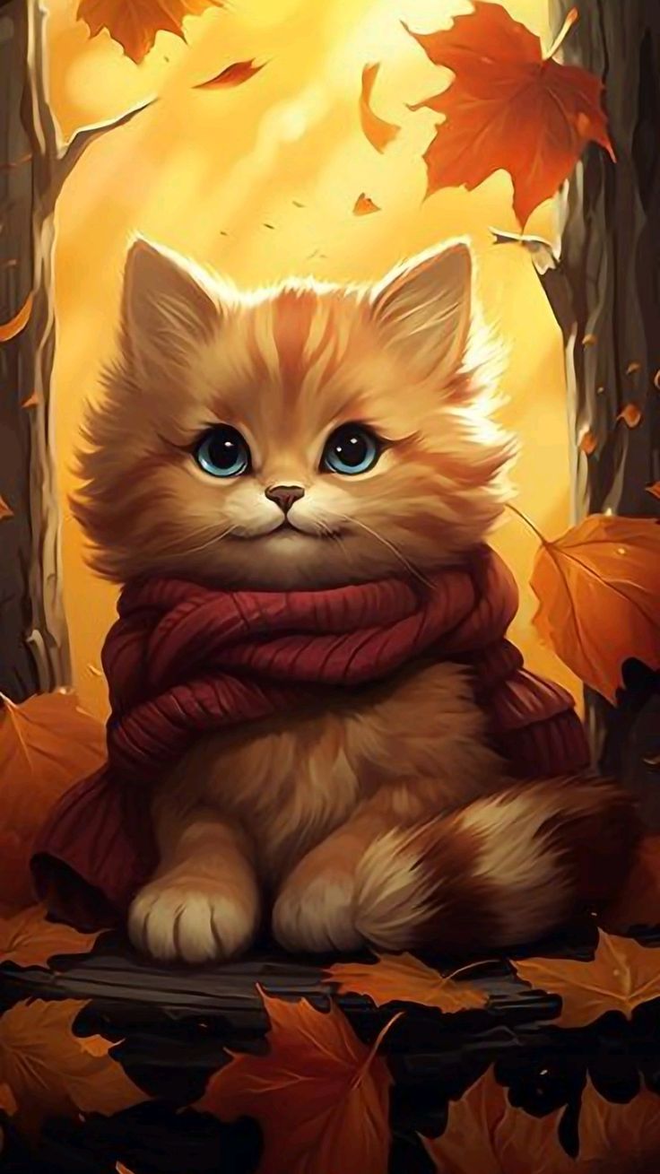 Cute Cat Autumn Cartoon Wallpapers - Wallpaper Cave