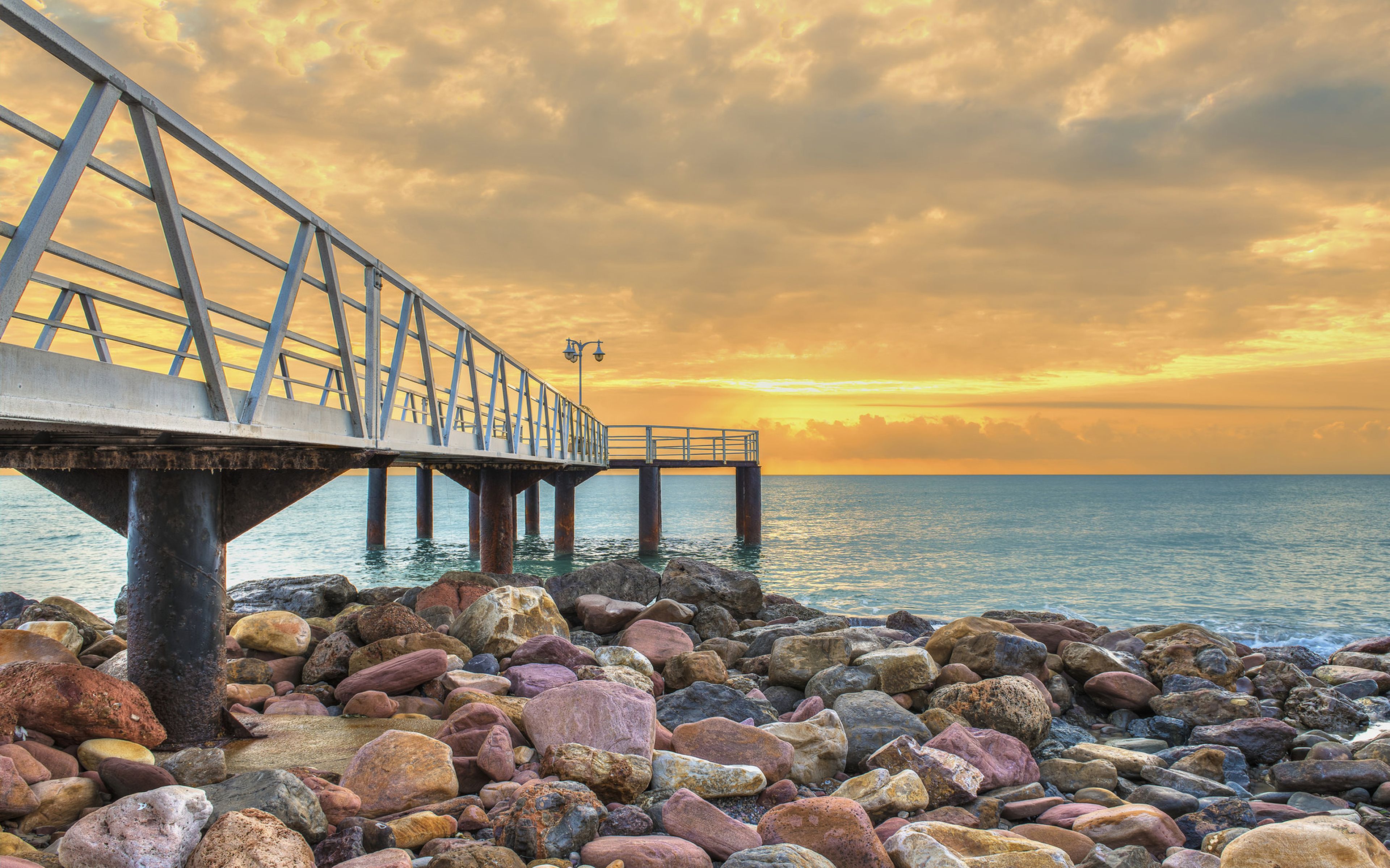 Sunset Bridge Sea Rocks Clouds Wallpapers - Wallpaper Cave